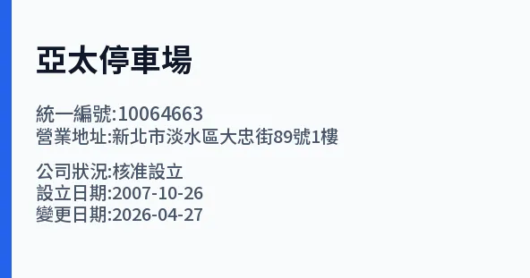 亞太停車場的照片-統編 10064663(新北市) 公司登記資料與營業項目詳細圖表