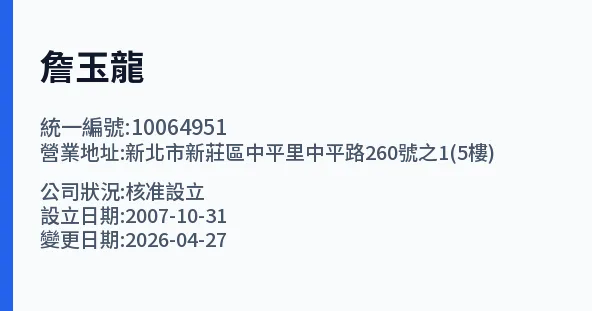 詹玉龍的照片-統編 10064951(新北市) 公司登記資料與營業項目詳細圖表