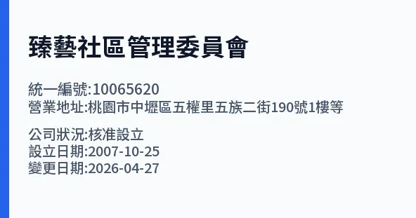 臻藝社區管理委員會的照片-統編 10065620(桃園市) 公司登記資料與營業項目詳細圖表