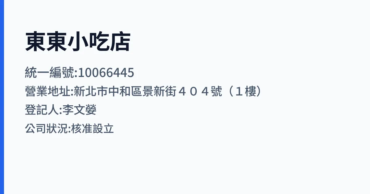 東東小吃店 - 統編 10066445(新北市) 公司登記資料與營業項目詳細圖表