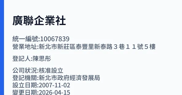 廣聯企業社的照片-統編 10067839(新北市) 公司登記資料與營業項目詳細圖表