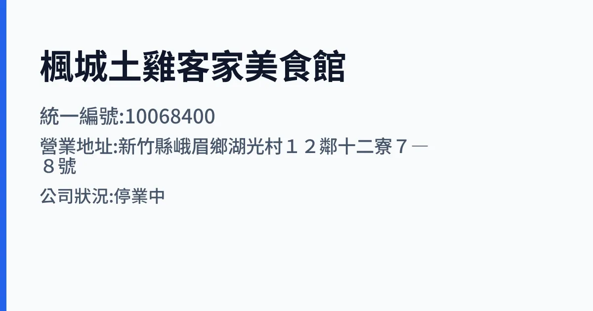 楓城土雞客家美食館 - 統編 10068400(新竹縣) 公司登記資料與營業項目詳細圖表