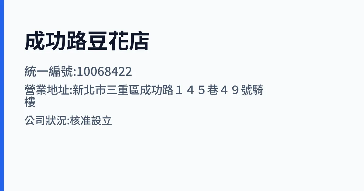 成功路豆花店 - 統編 10068422(新北市) 公司登記資料與營業項目詳細圖表