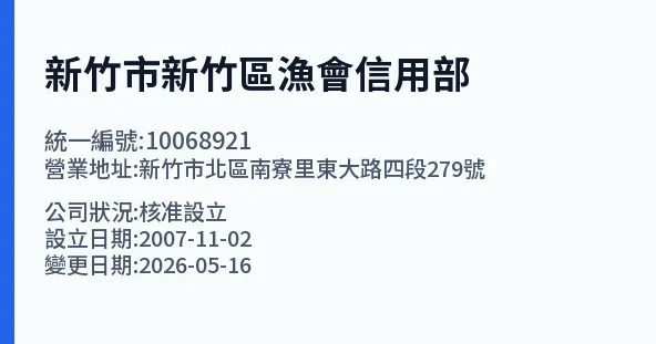 新竹市新竹區漁會信用部的照片-統編 10068921(新竹市) 公司登記資料與營業項目詳細圖表