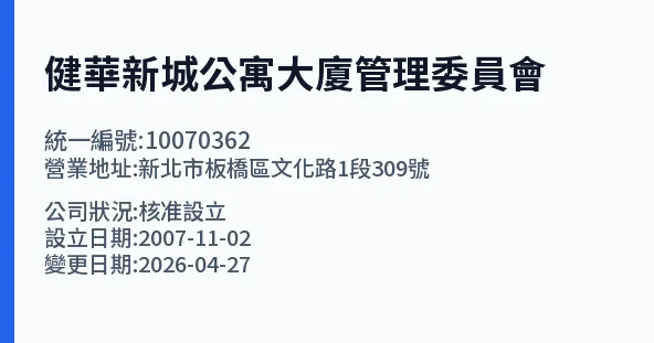 健華新城公寓大廈管理委員會的照片-統編 10070362(新北市) 公司登記資料與營業項目詳細圖表
