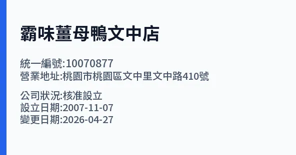 霸味薑母鴨文中店的照片-統編 10070877(桃園市) 公司登記資料與營業項目詳細圖表