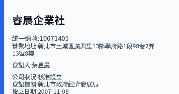 睿晨企業社的照片-統編 10071405(新北市) 公司登記資料與營業項目詳細圖表