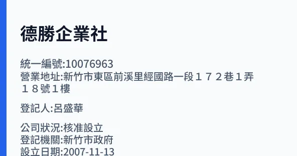 德勝企業社的照片-統編 10076963(新竹市) 公司登記資料與營業項目詳細圖表