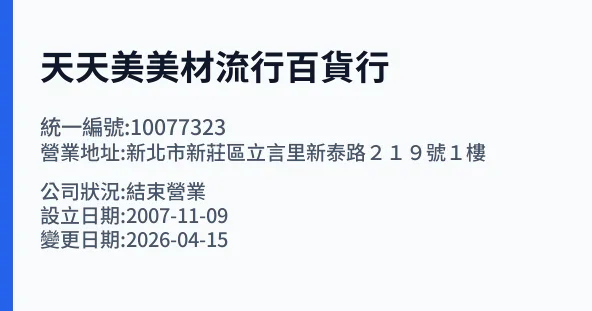 天天美美材流行百貨行的照片-統編 10077323(新北市) 公司登記資料與營業項目詳細圖表