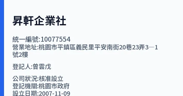 昇軒企業社的照片-統編 10077554(桃園市) 公司登記資料與營業項目詳細圖表