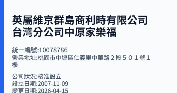 英屬維京群島商利時有限公司台灣分公司中原家樂福的照片-統編 10078786(桃園市) 公司登記資料與營業項目詳細圖表