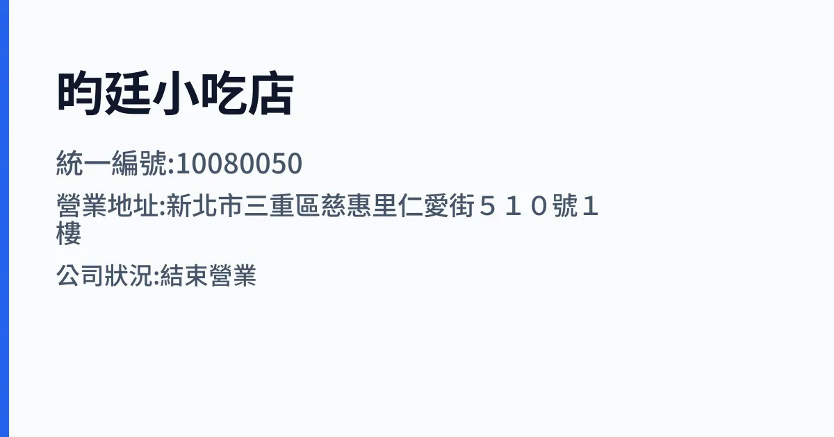 昀廷小吃店 - 統編 10080050(新北市) 公司登記資料與營業項目詳細圖表