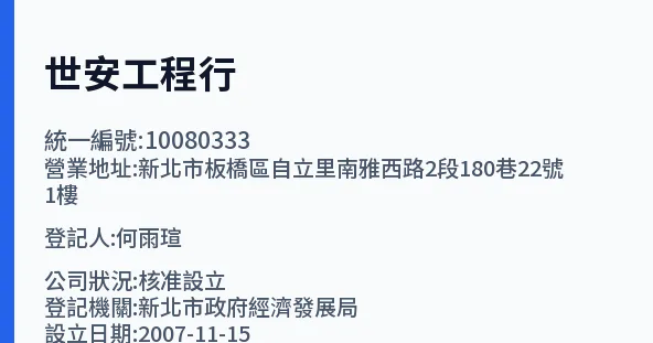 世安工程行的照片-統編 10080333(新北市) 公司登記資料與營業項目詳細圖表