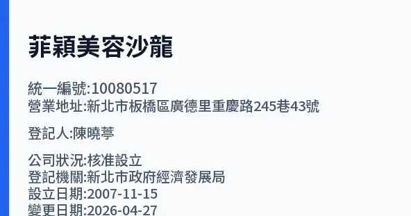 菲穎美容沙龍的照片-統編 10080517(新北市) 公司登記資料與營業項目詳細圖表