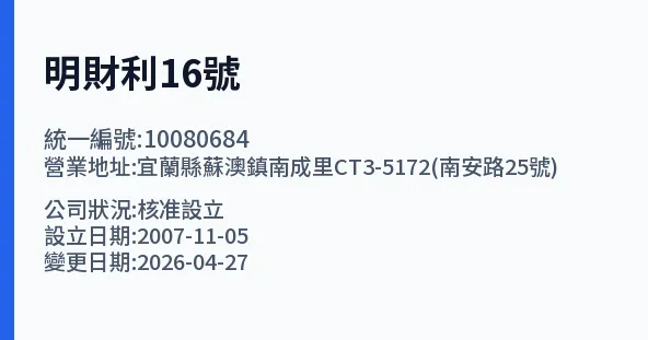 明財利16號的照片-統編 10080684(宜蘭縣) 公司登記資料與營業項目詳細圖表