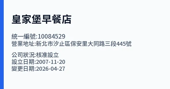 皇家堡早餐店的照片-統編 10084529(新北市) 公司登記資料與營業項目詳細圖表