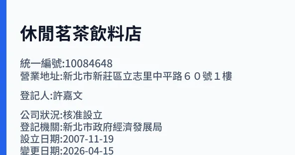 休閒茗茶飲料店的照片-統編 10084648(新北市) 公司登記資料與營業項目詳細圖表