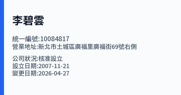 李碧雲的照片-統編 10084817(新北市) 公司登記資料與營業項目詳細圖表