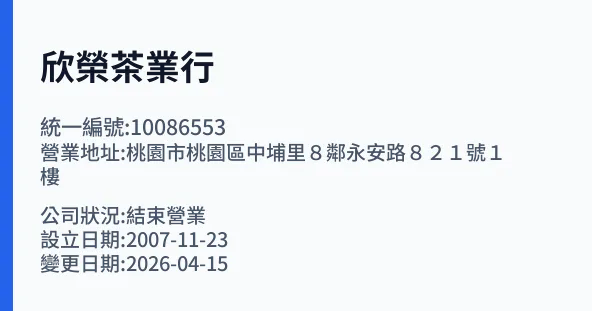 欣榮茶業行的照片-統編 10086553(桃園市) 公司登記資料與營業項目詳細圖表