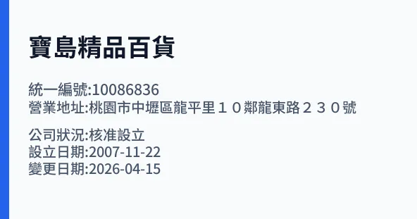 寶島精品百貨的照片-統編 10086836(桃園市) 公司登記資料與營業項目詳細圖表