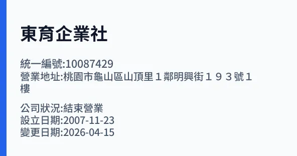 東育企業社的照片-統編 10087429(桃園市) 公司登記資料與營業項目詳細圖表
