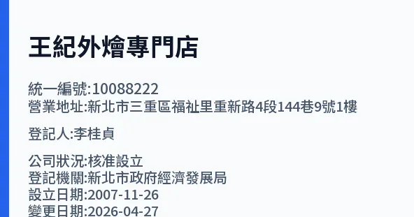 王紀外燴專門店的照片-統編 10088222(新北市) 公司登記資料與營業項目詳細圖表