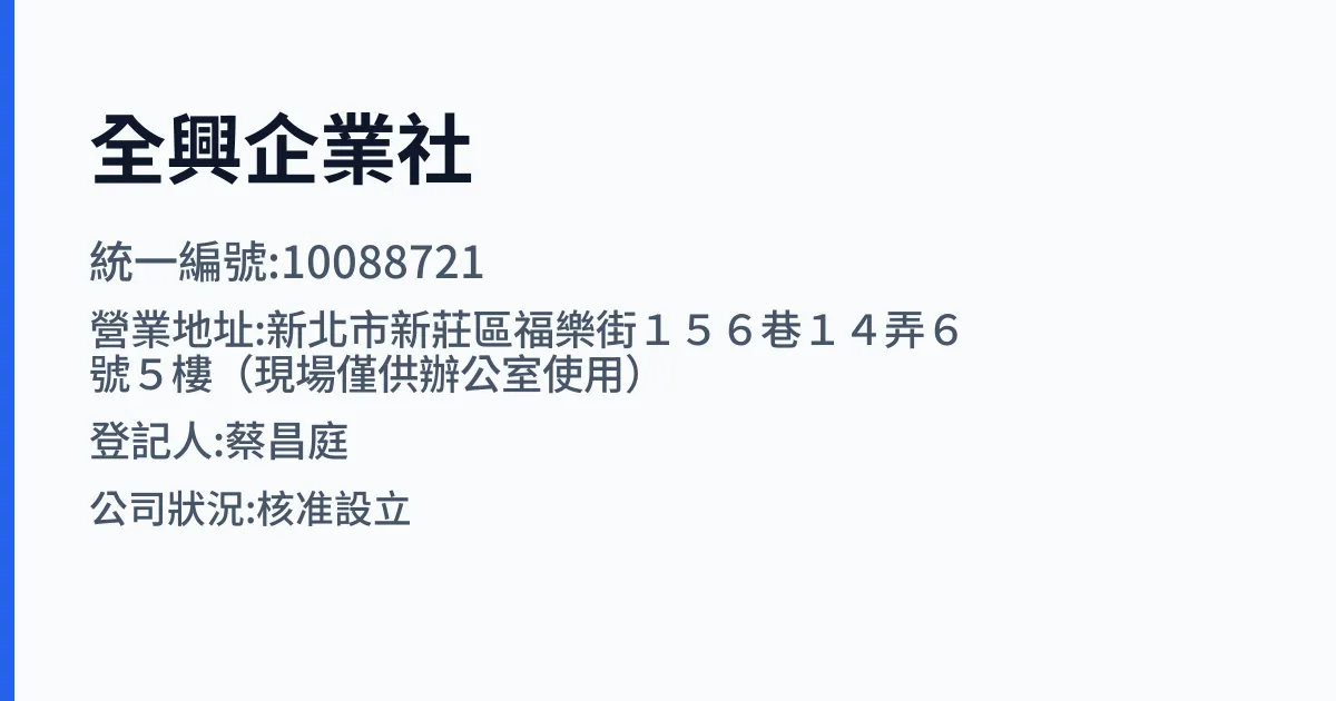 全興企業社 - 統編 10088721(新北市) 公司登記資料與營業項目詳細圖表