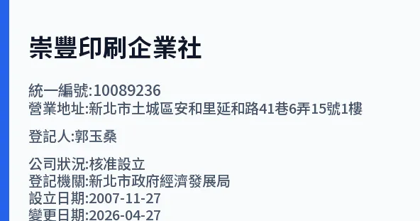 崇豐印刷企業社的照片-統編 10089236(新北市) 公司登記資料與營業項目詳細圖表