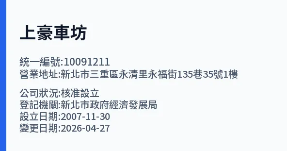 上豪車坊的照片-統編 10091211(新北市) 公司登記資料與營業項目詳細圖表