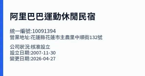 阿里巴巴運動休閒民宿的照片-統編 10091394(花蓮縣) 公司登記資料與營業項目詳細圖表