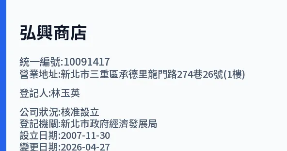 弘興商店的照片-統編 10091417(新北市) 公司登記資料與營業項目詳細圖表
