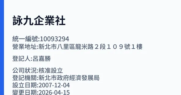 詠九企業社的照片-統編 10093294(新北市) 公司登記資料與營業項目詳細圖表