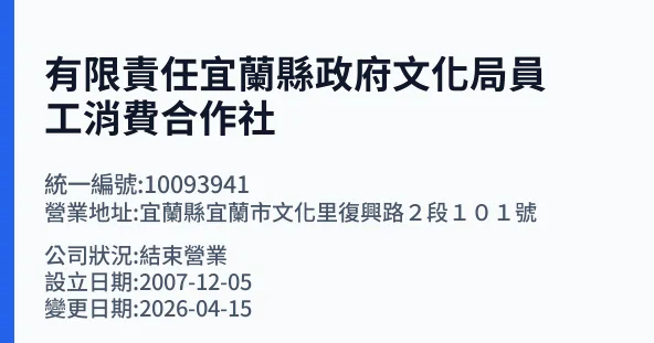 有限責任宜蘭縣政府文化局員工消費合作社的照片-統編 10093941(宜蘭縣) 公司登記資料與營業項目詳細圖表