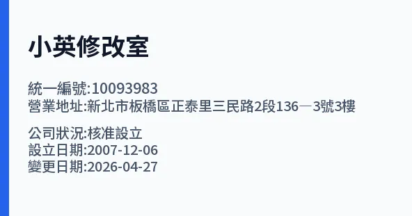小英修改室的照片-統編 10093983(新北市) 公司登記資料與營業項目詳細圖表
