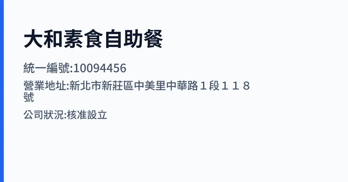 大和素食自助餐 - 統編 10094456(新北市) 公司登記資料與營業項目詳細圖表