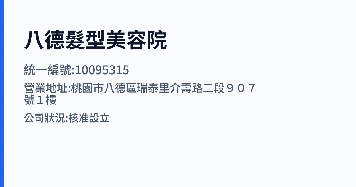 八德髮型美容院 - 統編 10095315(桃園市) 公司登記資料與營業項目詳細圖表