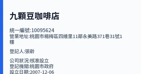九顆豆咖啡店的照片-統編 10095624(桃園市) 公司登記資料與營業項目詳細圖表