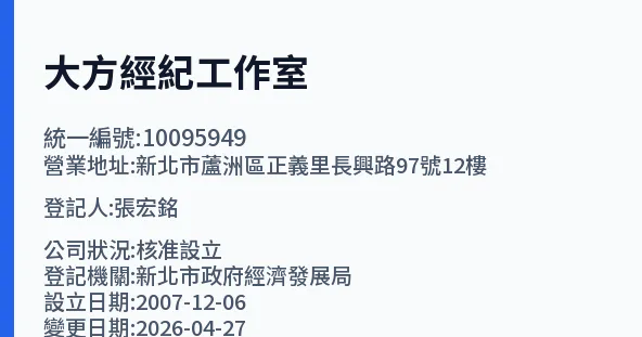 大方經紀工作室的照片-統編 10095949(新北市) 公司登記資料與營業項目詳細圖表