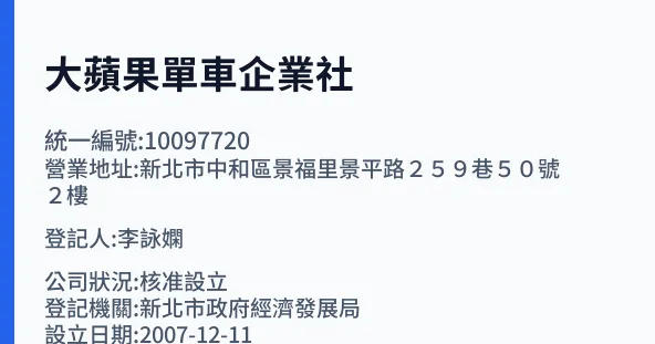 大蘋果單車企業社的照片-統編 10097720(新北市) 公司登記資料與營業項目詳細圖表
