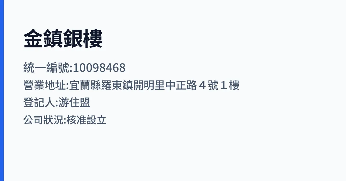 金鎮銀樓 - 統編 10098468(宜蘭縣) 公司登記資料與營業項目詳細圖表