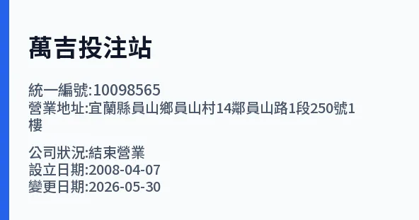 萬吉投注站的照片-統編 10098565(宜蘭縣) 公司登記資料與營業項目詳細圖表