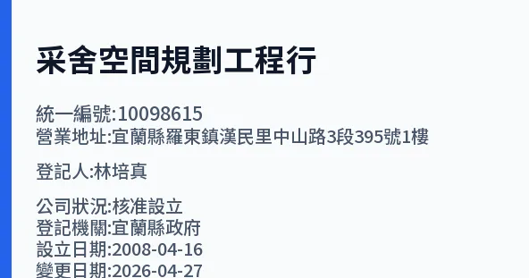 采舍空間規劃工程行的照片-統編 10098615(宜蘭縣) 公司登記資料與營業項目詳細圖表