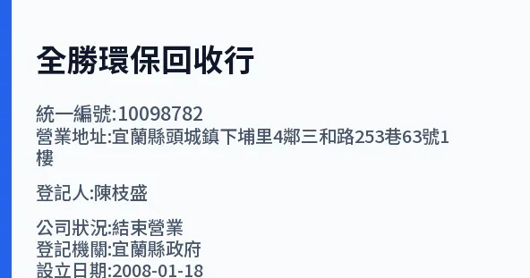 全勝環保回收行的照片-統編 10098782(宜蘭縣) 公司登記資料與營業項目詳細圖表