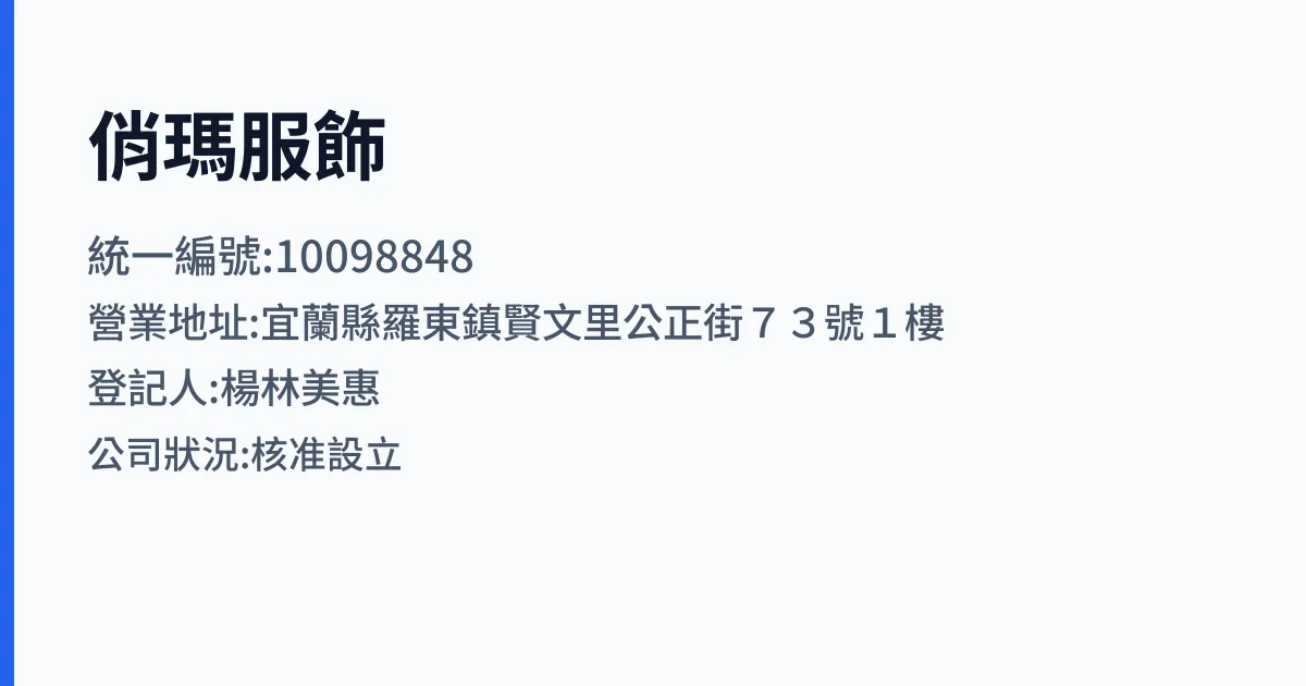 俏瑪服飾 - 統編 10098848(宜蘭縣) 公司登記資料與營業項目詳細圖表