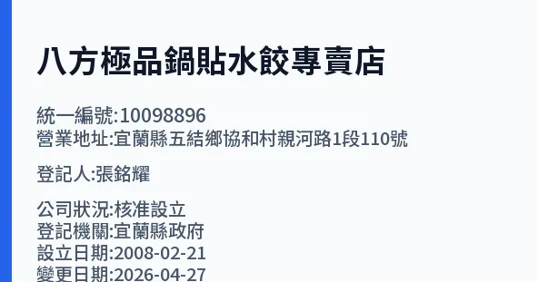 八方極品鍋貼水餃專賣店的照片-統編 10098896(宜蘭縣) 公司登記資料與營業項目詳細圖表
