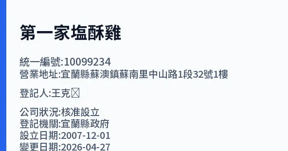 第一家塩酥雞的照片-統編 10099234(宜蘭縣) 公司登記資料與營業項目詳細圖表
