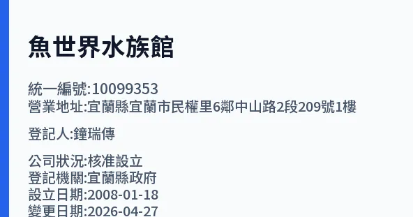 魚世界水族館的照片-統編 10099353(宜蘭縣) 公司登記資料與營業項目詳細圖表