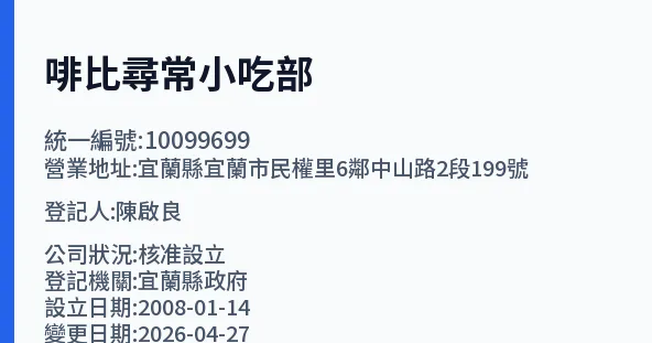 啡比尋常小吃部的照片-統編 10099699(宜蘭縣) 公司登記資料與營業項目詳細圖表