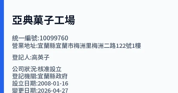 亞典菓子工場的照片-統編 10099760(宜蘭縣) 公司登記資料與營業項目詳細圖表