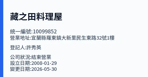 藏之田料理屋的照片-統編 10099852(宜蘭縣) 公司登記資料與營業項目詳細圖表